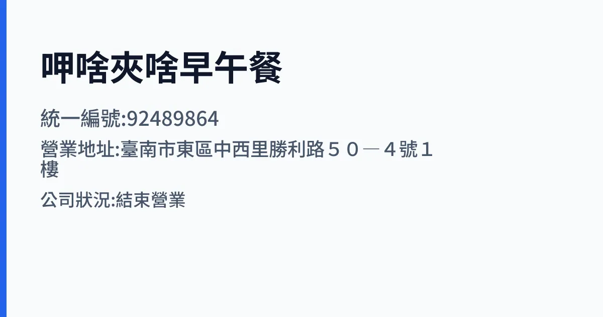 呷啥夾啥早午餐 - 統編 92489864(臺南市) 公司登記資料與營業項目詳細圖表