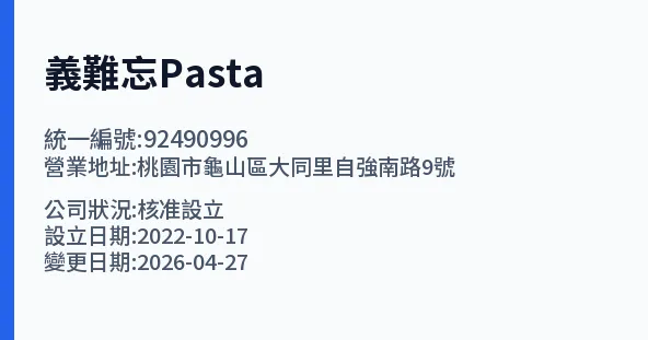 義難忘Pasta的照片-統編 92490996(桃園市) 公司登記資料與營業項目詳細圖表