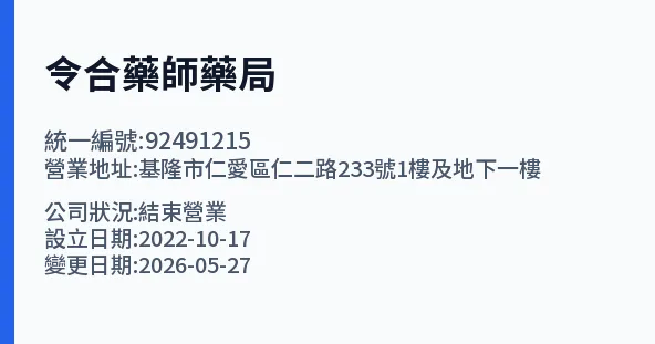 令合藥師藥局的照片-統編 92491215(基隆市) 公司登記資料與營業項目詳細圖表