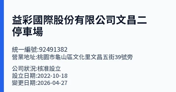 益彩國際股份有限公司文昌二停車場的照片-統編 92491382(桃園市) 公司登記資料與營業項目詳細圖表