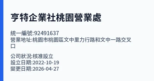 亨特企業社桃園營業處的照片-統編 92491637(桃園市) 公司登記資料與營業項目詳細圖表