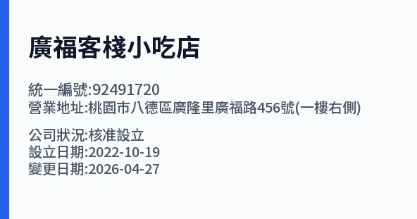 廣福客棧小吃店的照片-統編 92491720(桃園市) 公司登記資料與營業項目詳細圖表