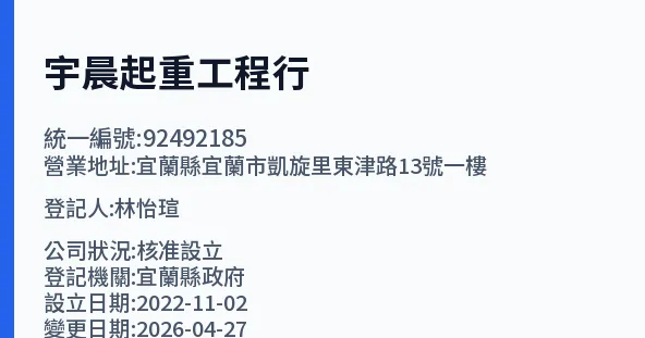 宇晨起重工程行的照片-統編 92492185(宜蘭縣) 公司登記資料與營業項目詳細圖表