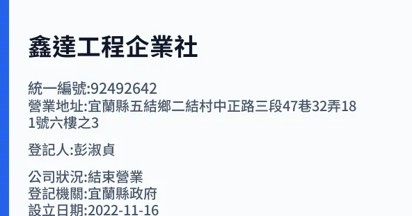 鑫達工程企業社的照片-統編 92492642(宜蘭縣) 公司登記資料與營業項目詳細圖表