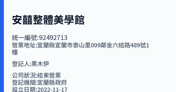 安囍整體美學館的照片-統編 92492713(宜蘭縣) 公司登記資料與營業項目詳細圖表