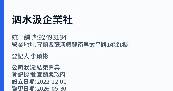 泗水汲企業社的照片-統編 92493184(宜蘭縣) 公司登記資料與營業項目詳細圖表