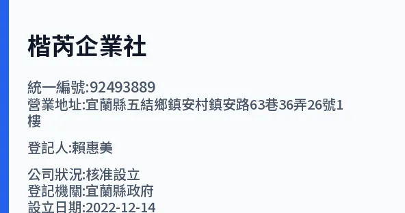 楷芮企業社的照片-統編 92493889(宜蘭縣) 公司登記資料與營業項目詳細圖表