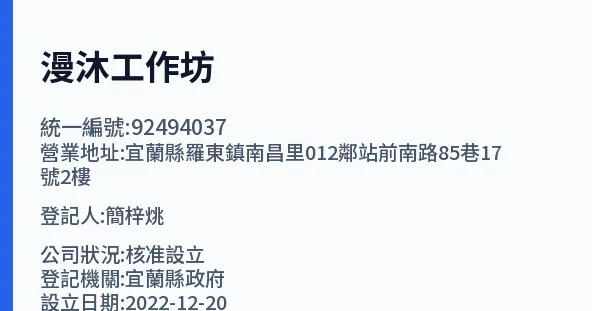漫沐工作坊的照片-統編 92494037(宜蘭縣) 公司登記資料與營業項目詳細圖表