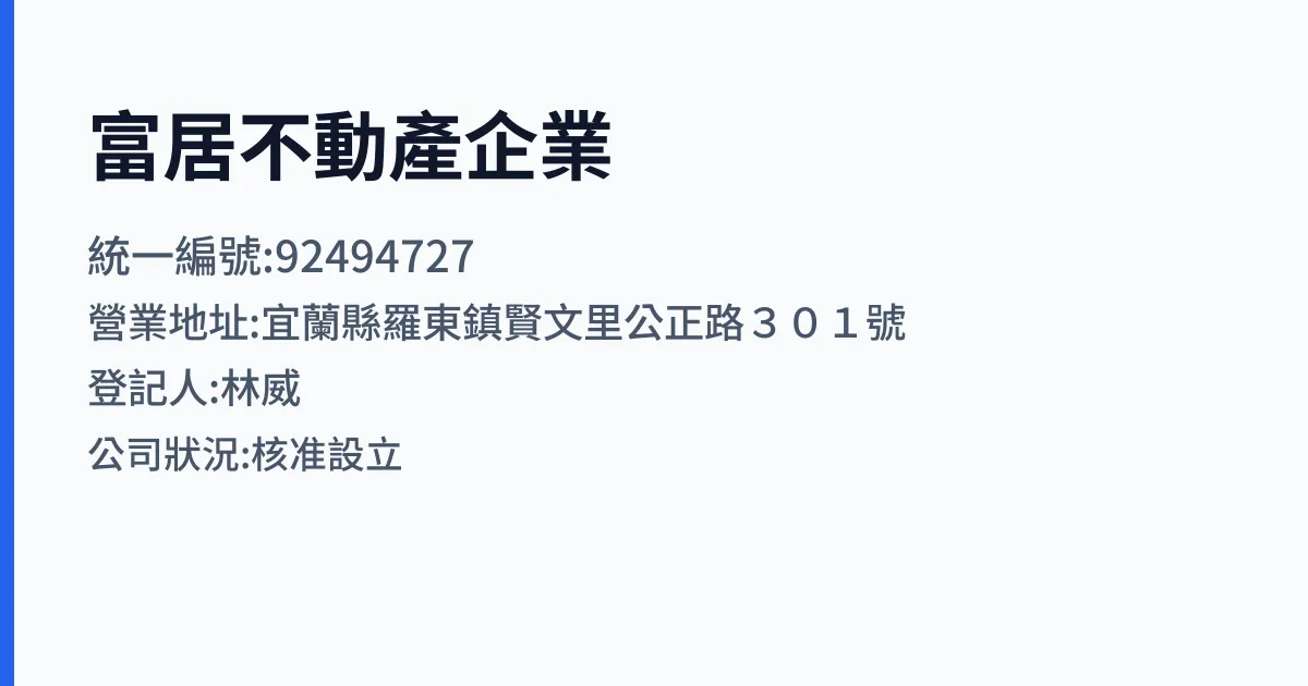 富居不動產企業 - 統編 92494727(宜蘭縣) 公司登記資料與營業項目詳細圖表