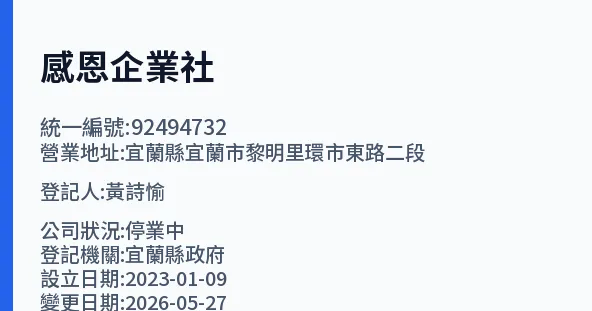 感恩企業社的照片-統編 92494732(宜蘭縣) 公司登記資料與營業項目詳細圖表
