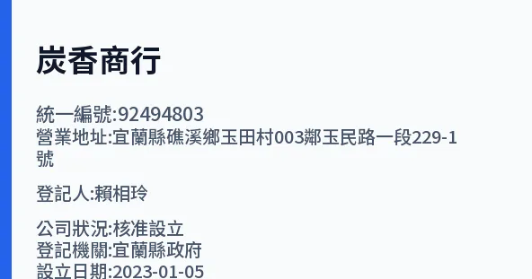 炭香商行的照片-統編 92494803(宜蘭縣) 公司登記資料與營業項目詳細圖表