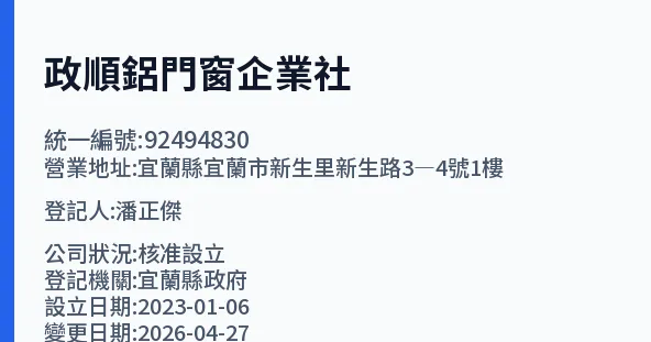 政順鋁門窗企業社的照片-統編 92494830(宜蘭縣) 公司登記資料與營業項目詳細圖表