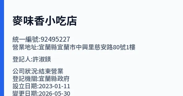 麥味香小吃店的照片-統編 92495227(宜蘭縣) 公司登記資料與營業項目詳細圖表