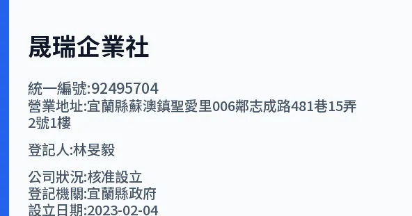晟瑞企業社的照片-統編 92495704(宜蘭縣) 公司登記資料與營業項目詳細圖表