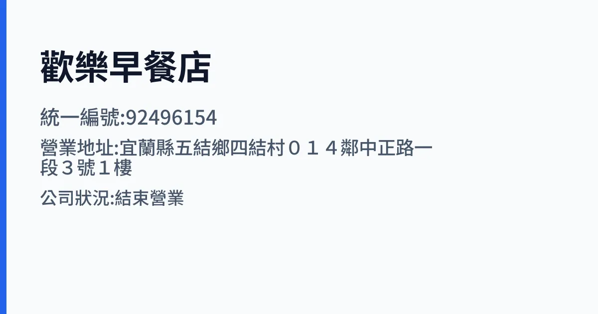 歡樂早餐店 - 統編 92496154(宜蘭縣) 公司登記資料與營業項目詳細圖表