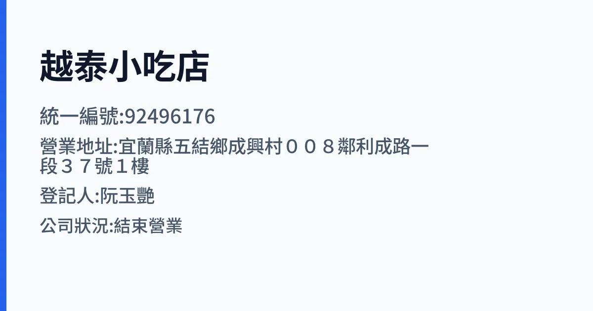 越泰小吃店 - 統編 92496176(宜蘭縣) 公司登記資料與營業項目詳細圖表