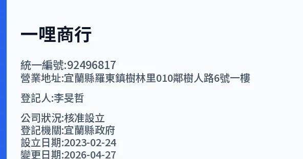一哩商行的照片-統編 92496817(宜蘭縣) 公司登記資料與營業項目詳細圖表