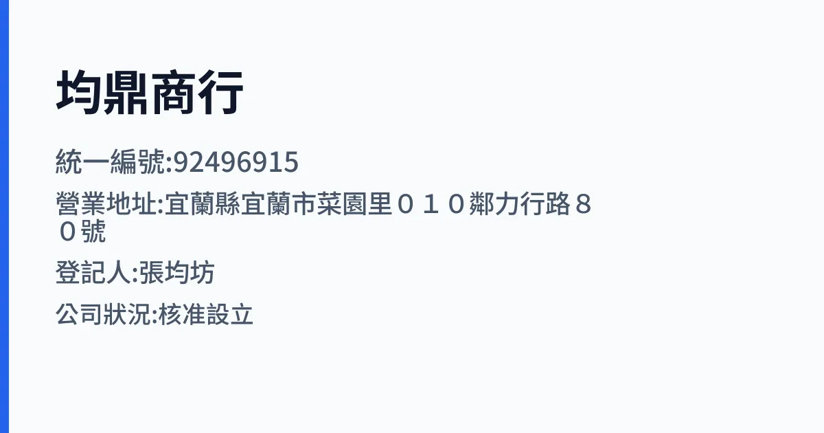 均鼎商行 - 統編 92496915(宜蘭縣) 公司登記資料與營業項目詳細圖表