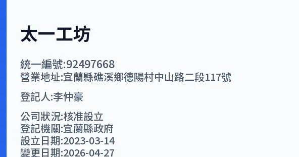 太一工坊的照片-統編 92497668(宜蘭縣) 公司登記資料與營業項目詳細圖表