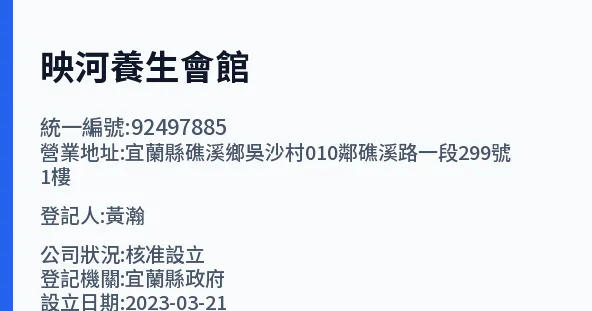 映河養生會館的照片-統編 92497885(宜蘭縣) 公司登記資料與營業項目詳細圖表