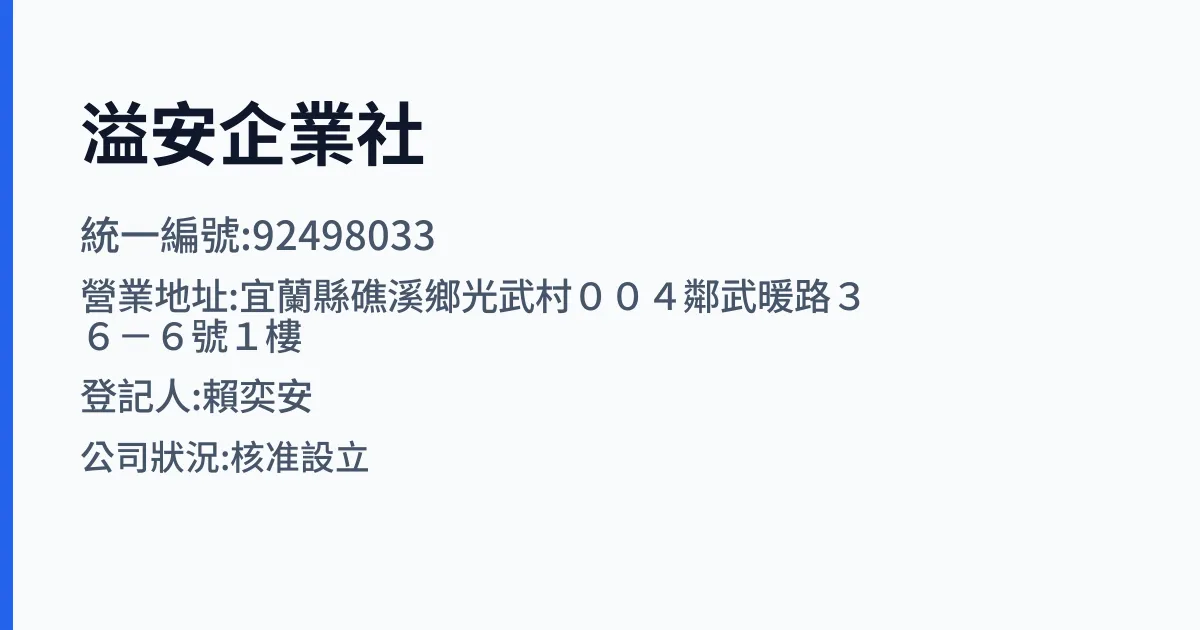 溢安企業社 - 統編 92498033(宜蘭縣) 公司登記資料與營業項目詳細圖表