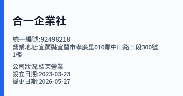 合一企業社的照片-統編 92498218(宜蘭縣) 公司登記資料與營業項目詳細圖表