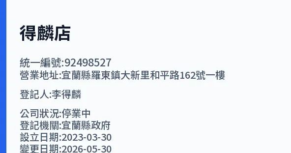 得麟店的照片-統編 92498527(宜蘭縣) 公司登記資料與營業項目詳細圖表