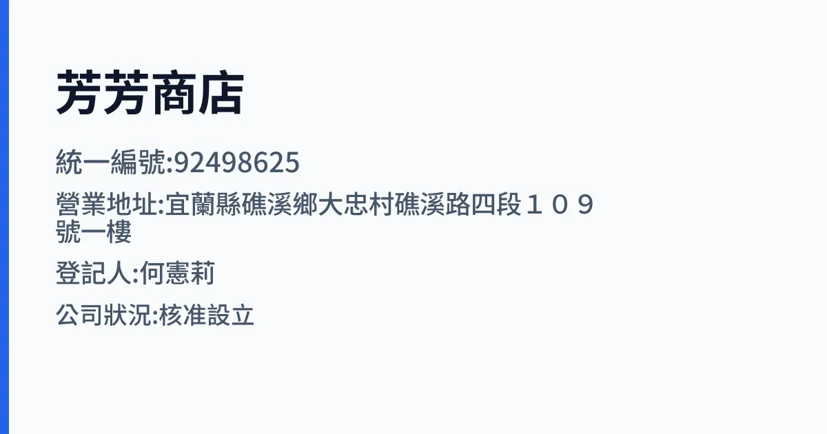 芳芳商店 - 統編 92498625(宜蘭縣) 公司登記資料與營業項目詳細圖表