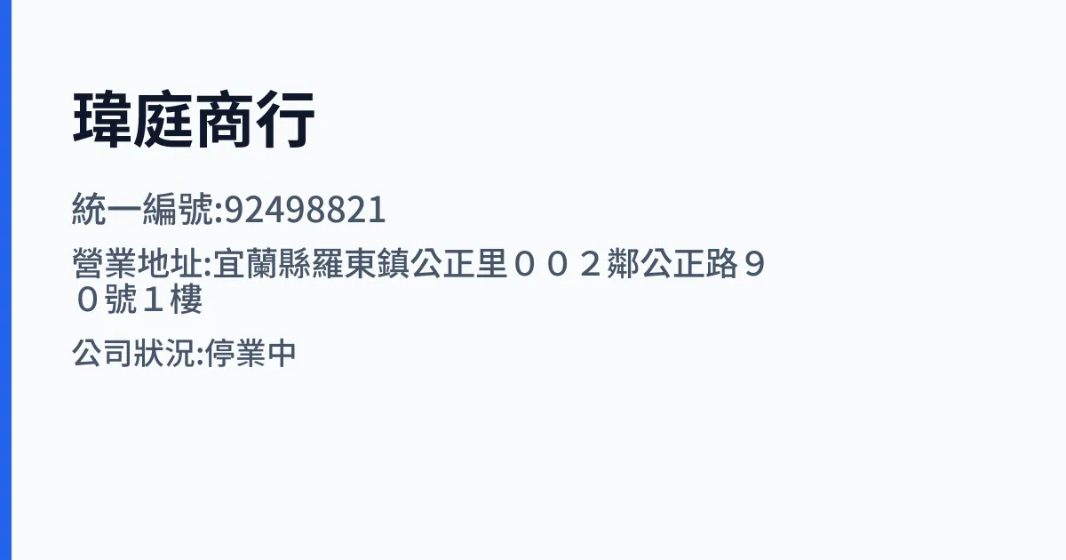 瑋庭商行 - 統編 92498821(宜蘭縣) 公司登記資料與營業項目詳細圖表