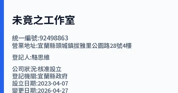 未竟之工作室的照片-統編 92498863(宜蘭縣) 公司登記資料與營業項目詳細圖表