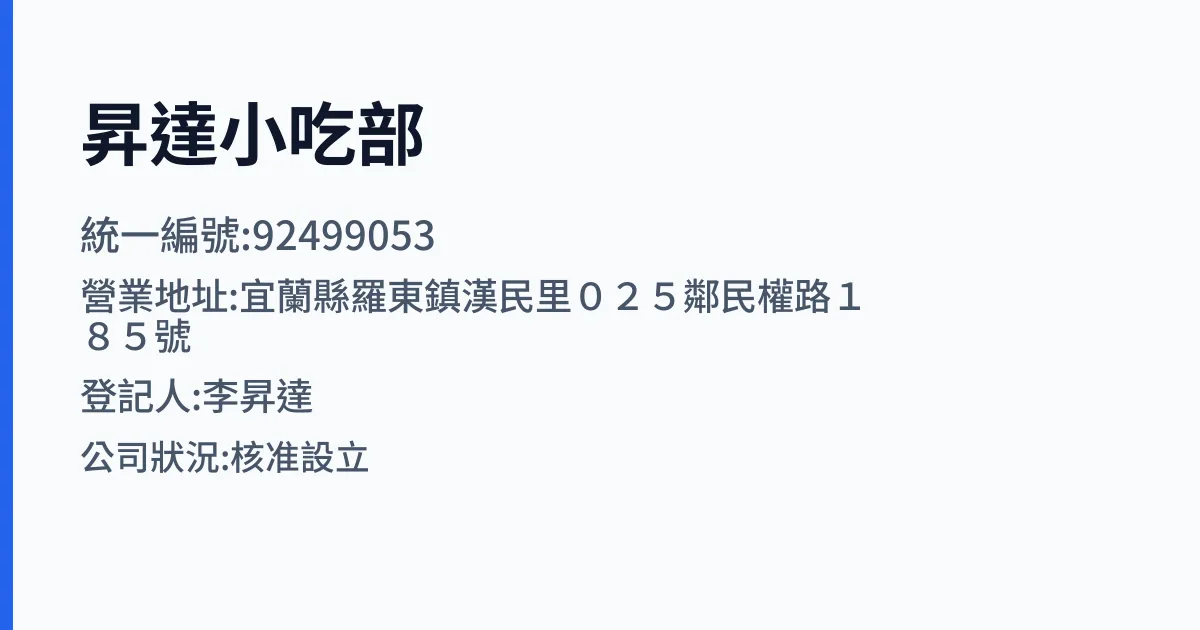 昇達小吃部 - 統編 92499053(宜蘭縣) 公司登記資料與營業項目詳細圖表