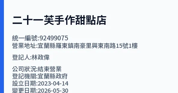 二十一芙手作甜點店的照片-統編 92499075(宜蘭縣) 公司登記資料與營業項目詳細圖表