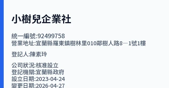 小樹兒企業社的照片-統編 92499758(宜蘭縣) 公司登記資料與營業項目詳細圖表