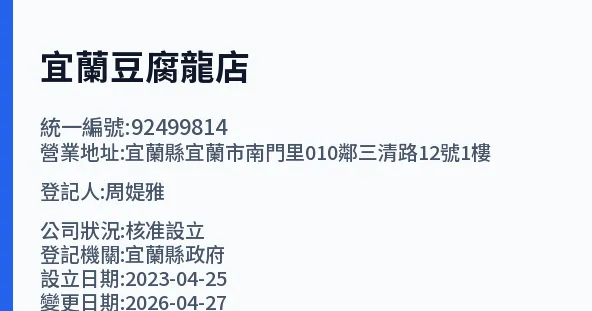 宜蘭豆腐龍店的照片-統編 92499814(宜蘭縣) 公司登記資料與營業項目詳細圖表