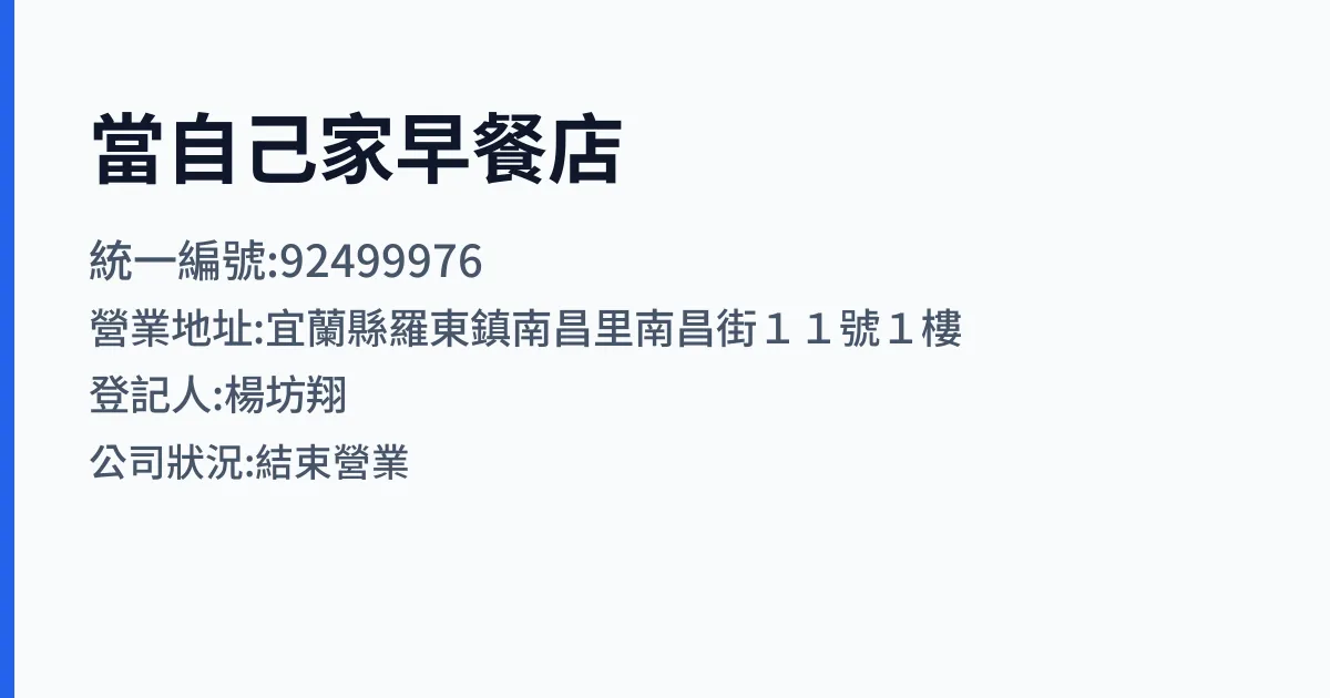 當自己家早餐店 - 統編 92499976(宜蘭縣) 公司登記資料與營業項目詳細圖表