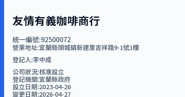 友情有義咖啡商行的照片-統編 92500072(宜蘭縣) 公司登記資料與營業項目詳細圖表