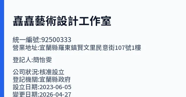 嚞嚞藝術設計工作室的照片-統編 92500333(宜蘭縣) 公司登記資料與營業項目詳細圖表