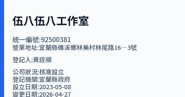 伍八伍八工作室的照片-統編 92500381(宜蘭縣) 公司登記資料與營業項目詳細圖表