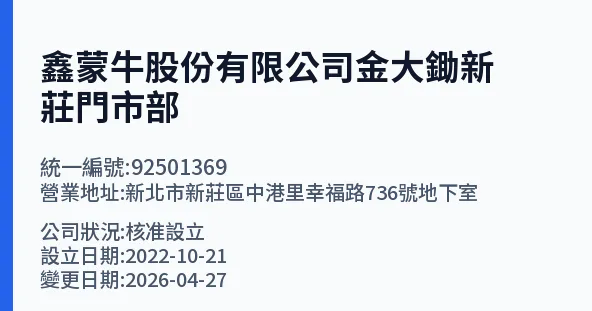 鑫蒙牛股份有限公司金大鋤新莊門市部的照片-統編 92501369(新北市) 公司登記資料與營業項目詳細圖表