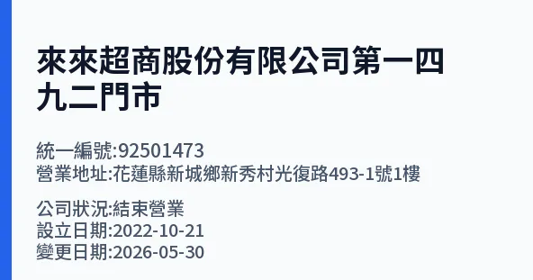 來來超商股份有限公司第一四九二門市的照片-統編 92501473(花蓮縣) 公司登記資料與營業項目詳細圖表
