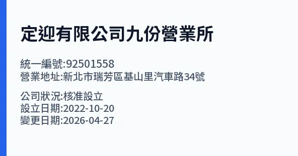 定迎有限公司九份營業所的照片-統編 92501558(新北市) 公司登記資料與營業項目詳細圖表