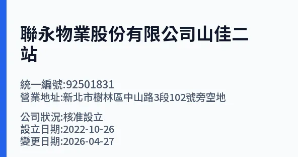 聯永物業股份有限公司山佳二站的照片-統編 92501831(新北市) 公司登記資料與營業項目詳細圖表