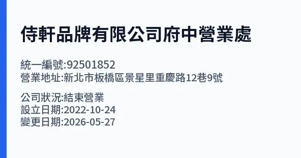 侍軒品牌有限公司府中營業處的照片-統編 92501852(新北市) 公司登記資料與營業項目詳細圖表