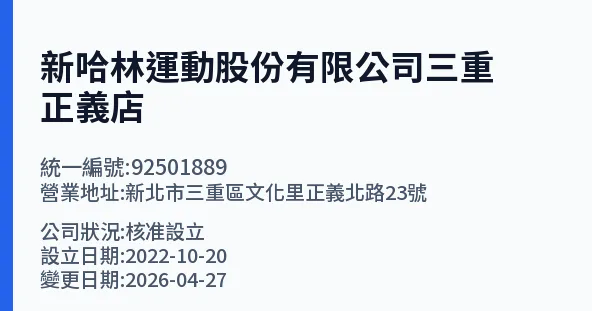 新哈林運動股份有限公司三重正義店的照片-統編 92501889(新北市) 公司登記資料與營業項目詳細圖表