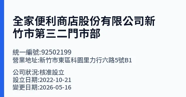 全家便利商店股份有限公司新竹市第三二門市部的照片-統編 92502199(新竹市) 公司登記資料與營業項目詳細圖表