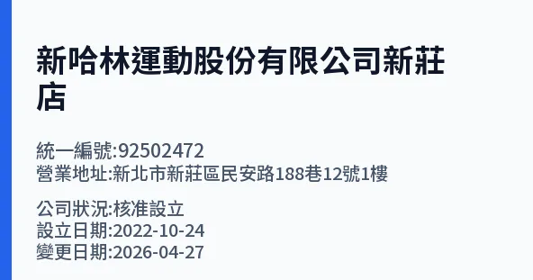 新哈林運動股份有限公司新莊店的照片-統編 92502472(新北市) 公司登記資料與營業項目詳細圖表