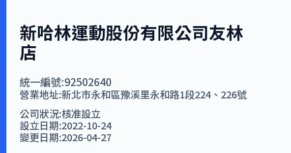 新哈林運動股份有限公司友林店的照片-統編 92502640(新北市) 公司登記資料與營業項目詳細圖表