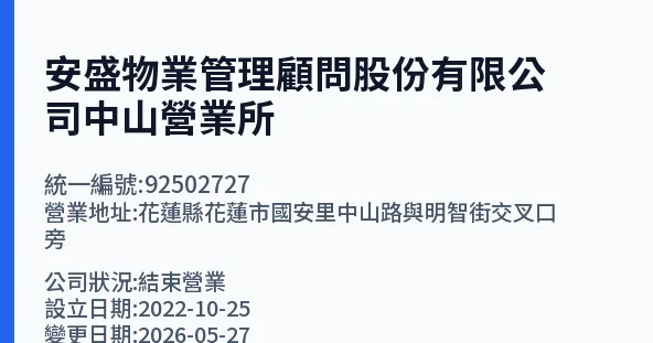 安盛物業管理顧問股份有限公司中山營業所的照片-統編 92502727(花蓮縣) 公司登記資料與營業項目詳細圖表