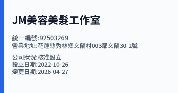 JM美容美髮工作室的照片-統編 92503269(花蓮縣) 公司登記資料與營業項目詳細圖表
