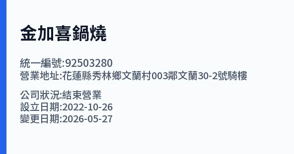 金加喜鍋燒的照片-統編 92503280(花蓮縣) 公司登記資料與營業項目詳細圖表